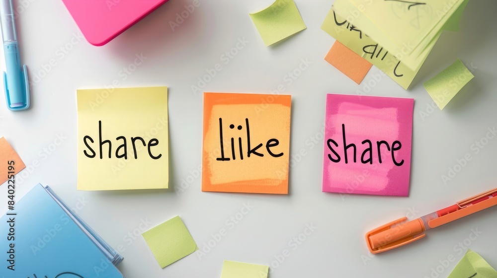 Three cards with social media icons of "like", "share", and hand drawn ...