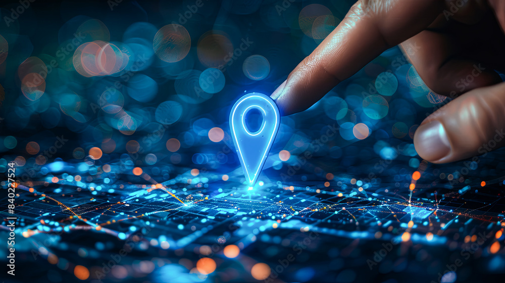 Finger Touching Glowing Location Pin Above Futuristic Blue City Map With Connection Lines For ...