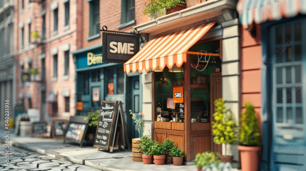 3D illustration of shops with SME sign. Storefront with SME sign ...