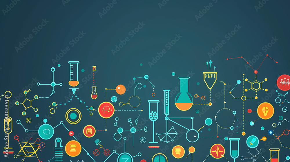 Colorful scientific illustrations of laboratory equipment and chemical ...