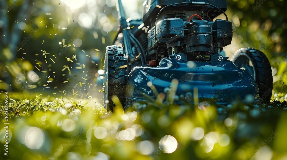 Detailed view of a petrol lawn mower cutting through lush grass, engine ...