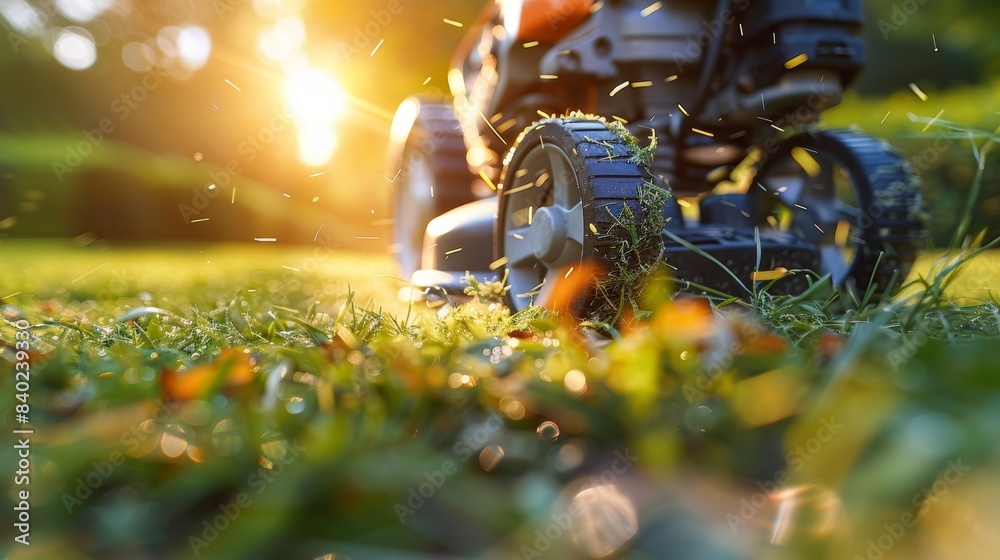 Detailed view of a petrol lawn mower cutting through lush grass, engine ...