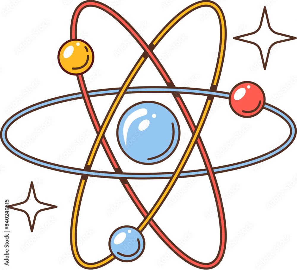 Retro groovy atom with electrons orbiting around a central nucleus with ...