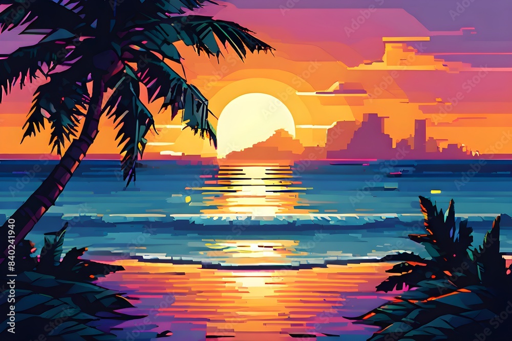 pixel art illustration of a tropical island paradise with palms and ...