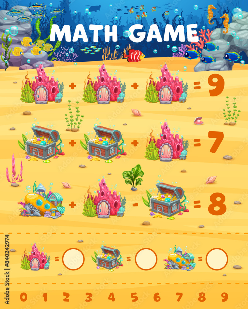 Underwater fairytale houses, math game worksheet. Vector mathematics ...