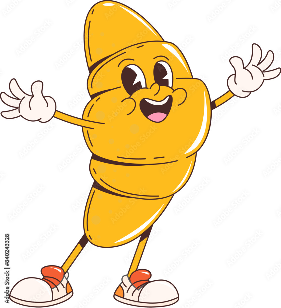 Groovy retro cartoon croissant character with funky comic face, vector ...