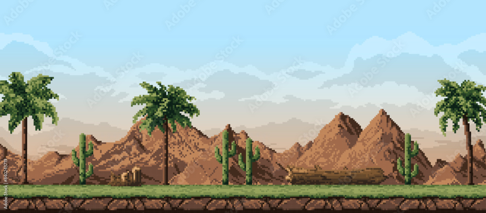 8 bit pixel prairie or desert landscape with mountains and palm trees ...