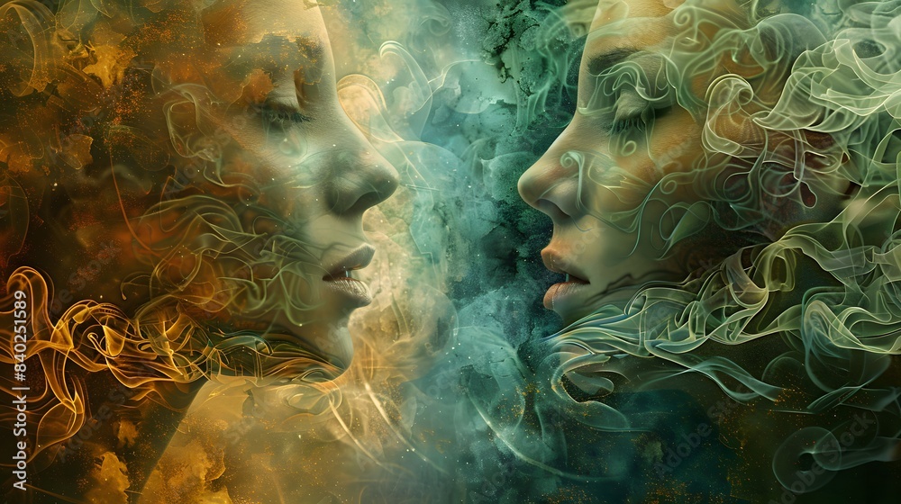 Two faces are shown in a blue and orange color scheme. The faces are ...