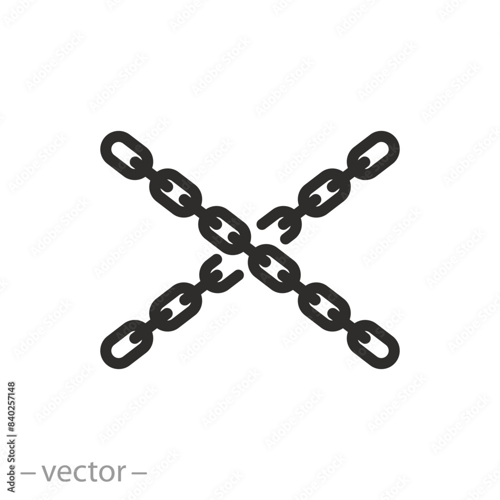 metal chain cross icon, together strong link, thin line symbol on white ...