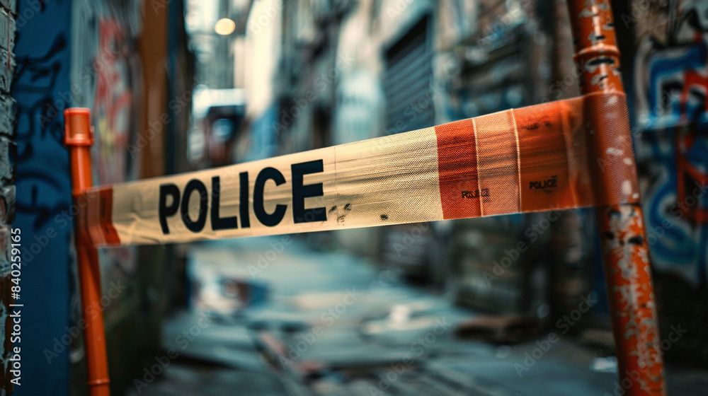 Foto de Cordoning off crime scene. There is security tape with the word ...