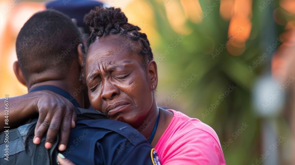 An emotional victim's family member being comforted by a police officer ...