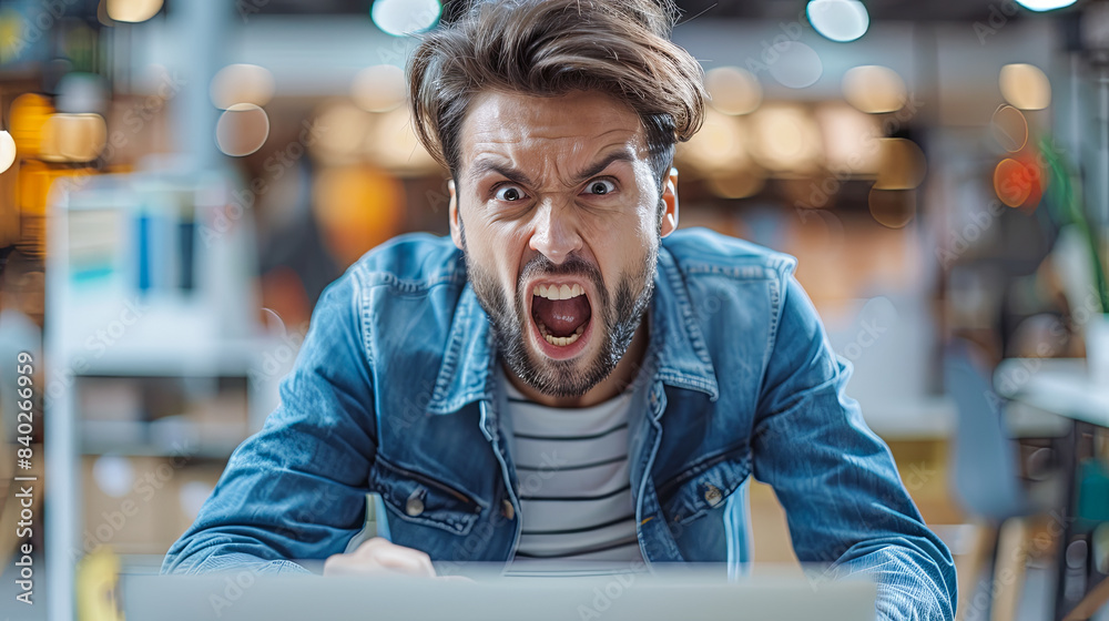 Shocked young man looking at laptop screen while sitting in coffee shop ...
