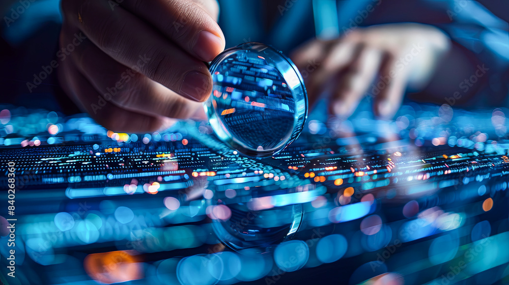 Hacker using a magnifying glass to steal data on a computer keyboard ...