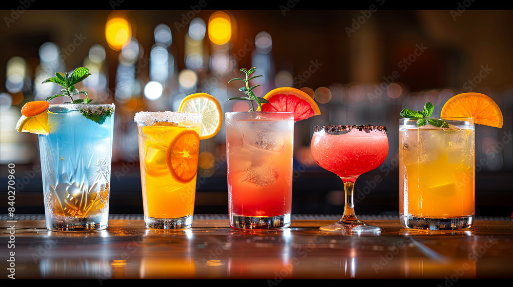 Variety of cocktails on the bar counter. Alcoholic drinks. Stock ...