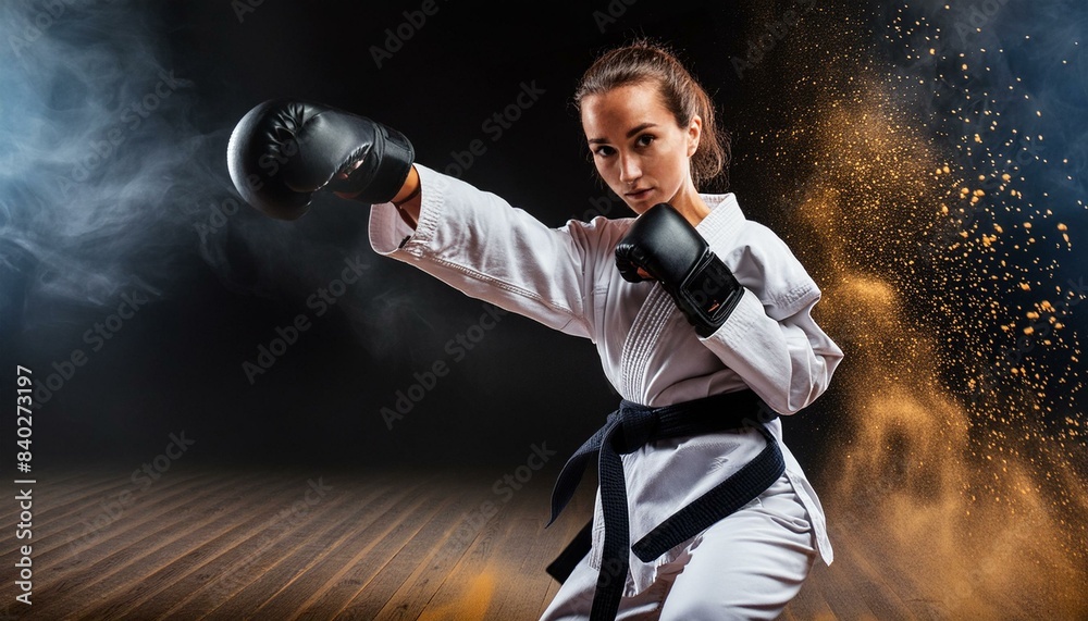karate fighter in white kimono and gloves on black background ...
