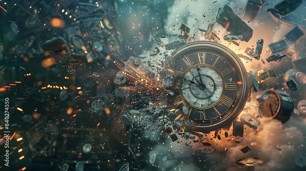 A clock is shown in a shattered state, with the hands pointing to the ...