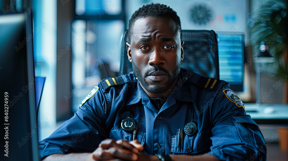 Portrait of serious african american police officer sitting at ...