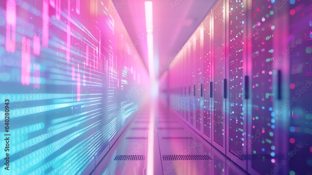 line art stick figures holographic of A surreal scene of a data center ...