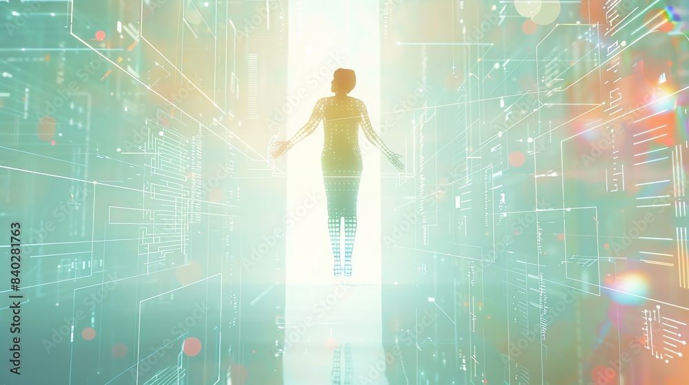 line art stick figures holographic of A businessperson, floating in a ...