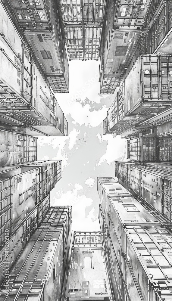 Black and white illustration of tall buildings creating a narrow ...