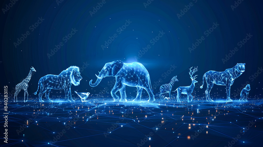 Blue Abstract Polygonal Wild Animals, Lion, Giraffe, Elephant, Zebra ...