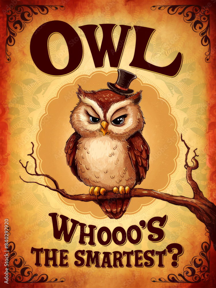 A vintage-style poster featuring an owl wearing a top hat, perched on a ...
