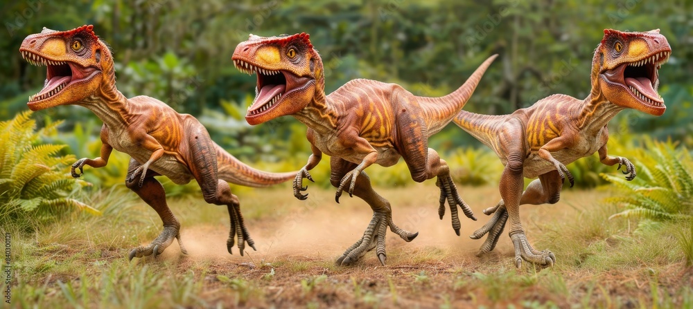 Velociraptor pack stealthily hunting in fern underbrush, sharp claws ...