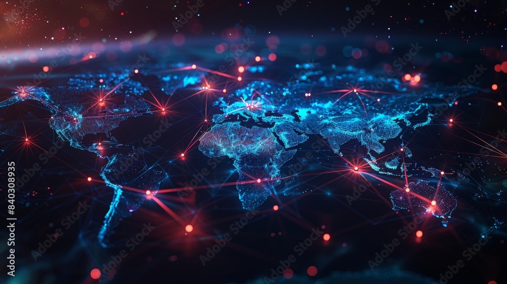 abstract design of network technology world map with lights and arrows ...