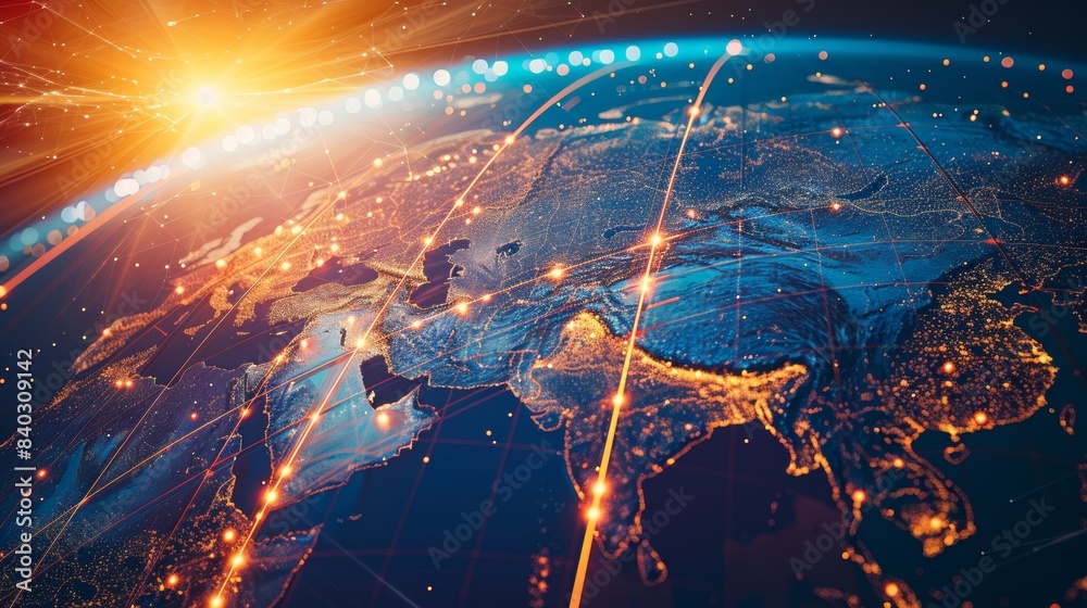A solar cell powering a world map, with lines of code connecting ...