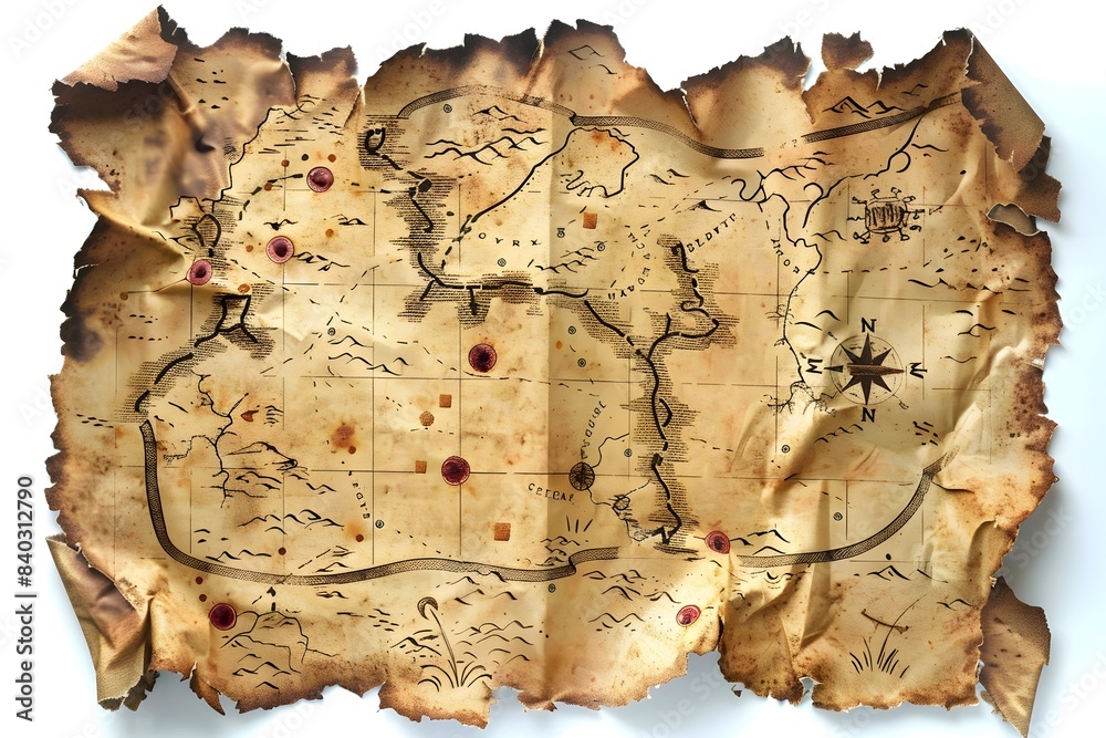 Tattered Pirate s Map with Treasure Spots Isolated on White Stock ...