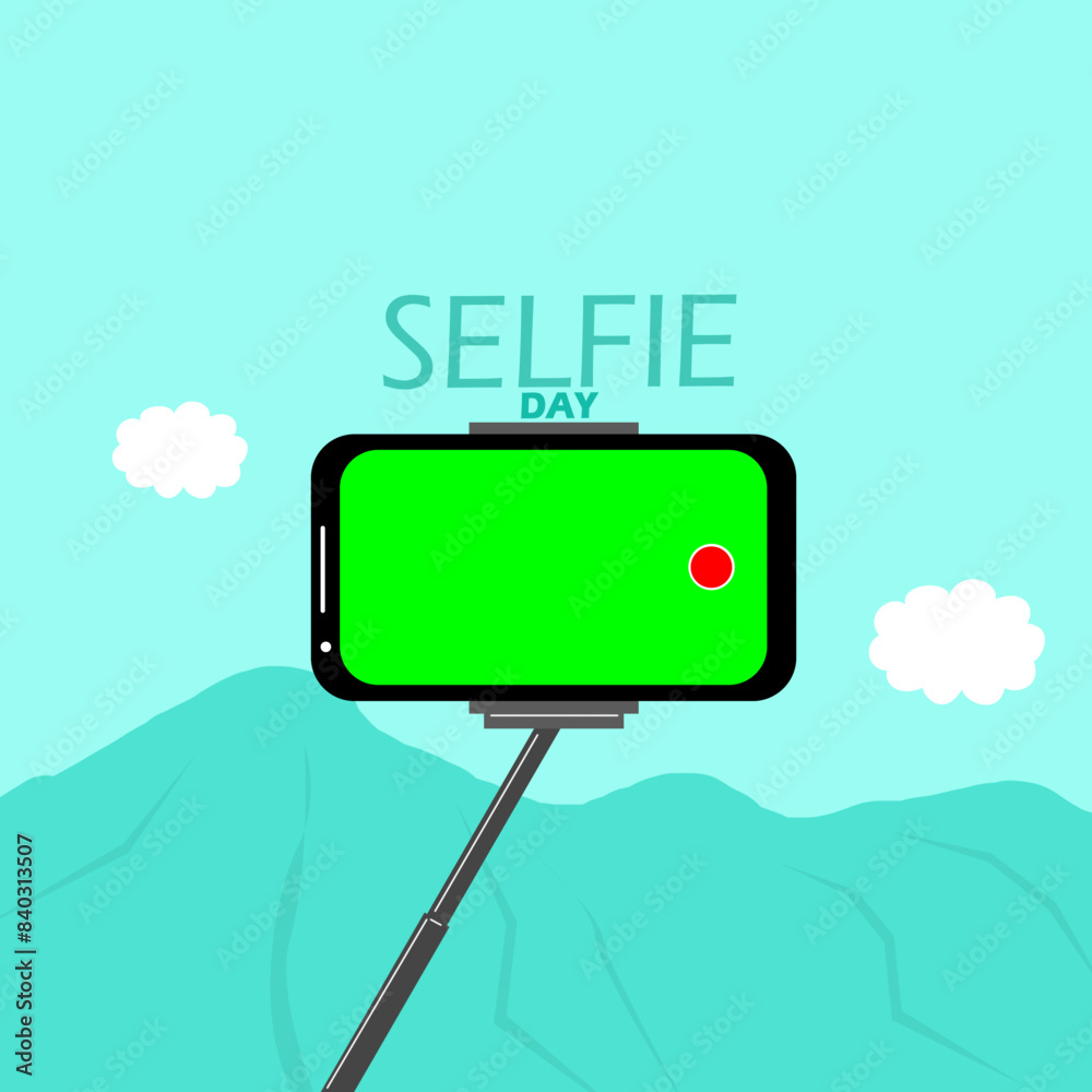 National Selfie Day event banner. A cellphone with a green screen and a ...