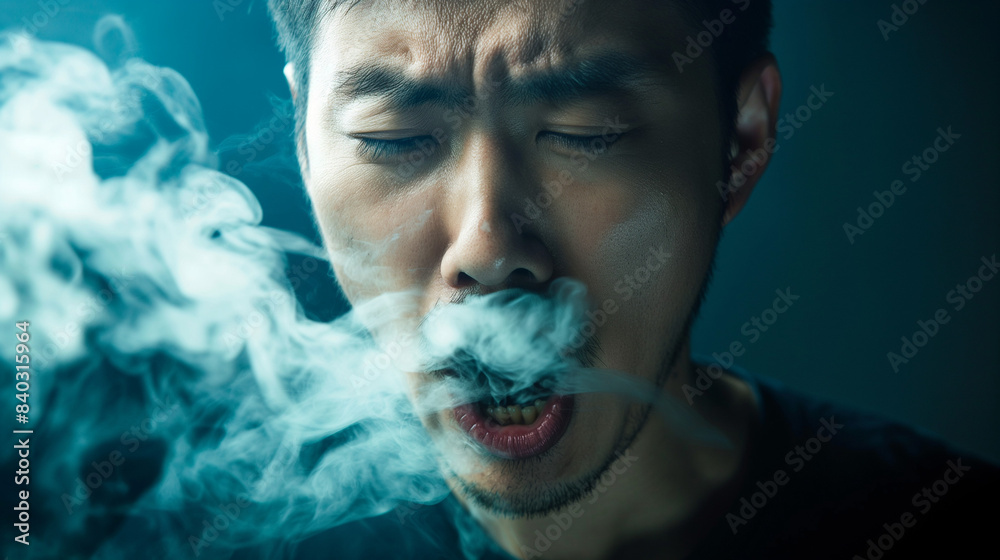 Raucher Person mit viel Rauch und Qualm aus dem Mund hustet wegen ...