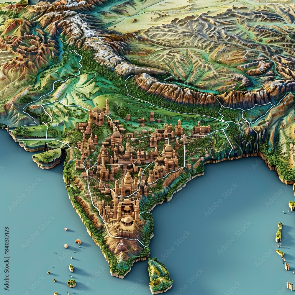 3D Map of India: Ancient Architecture and Lush Landscapes Stock ...