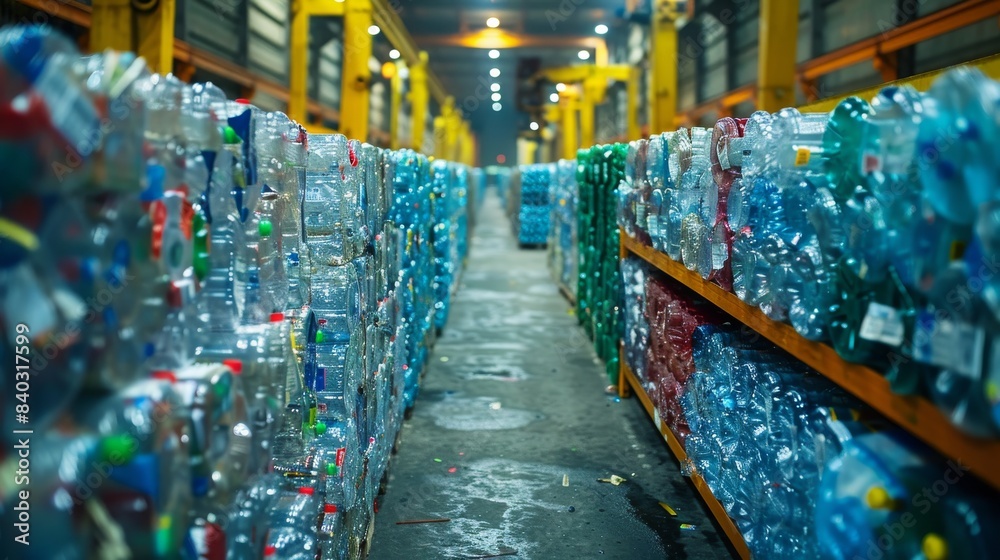 ภาพประกอบสต็อก Rows of compressed plastic bottles stacked in a ...