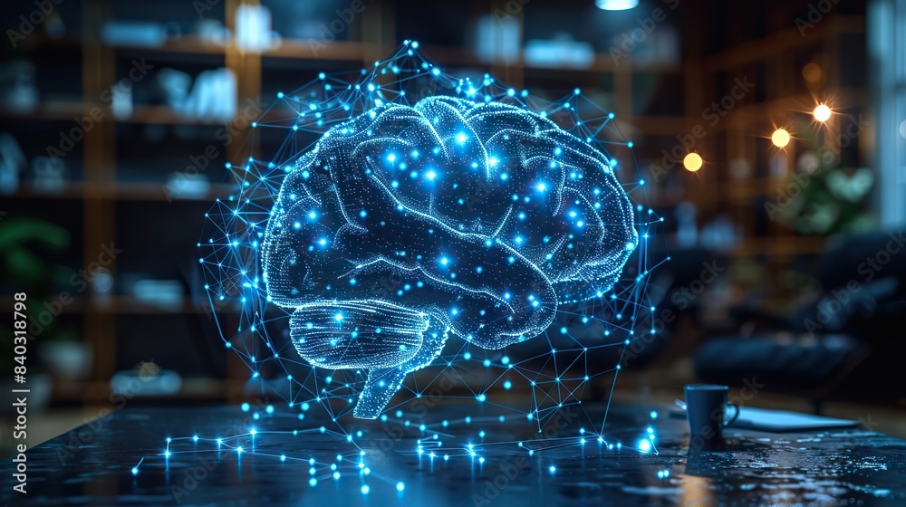 a blue abstract brain with a wireframe light connection structure brain ...