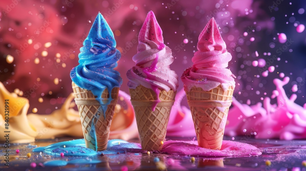 Colorful soft serve ice cream cones with vibrant background, featuring ...