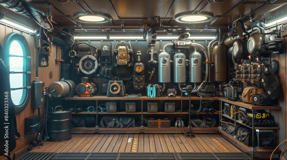 Underwater Adventure Dive Gear Room with Diving Suits Oxygen Tanks and ...