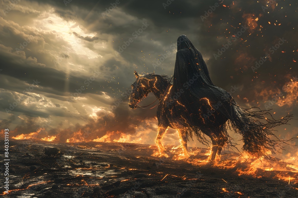 Cloaked Figure of Death Urging Fiery Horse Across Devastated Landscape ...