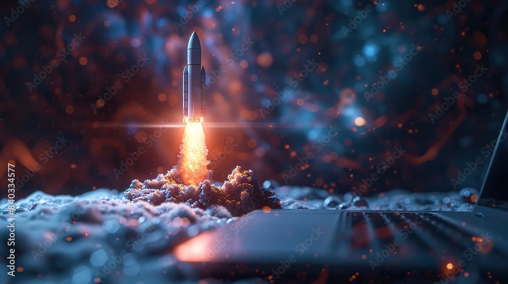 an abstract rocket launch from a laptop low poly design concept blue ...