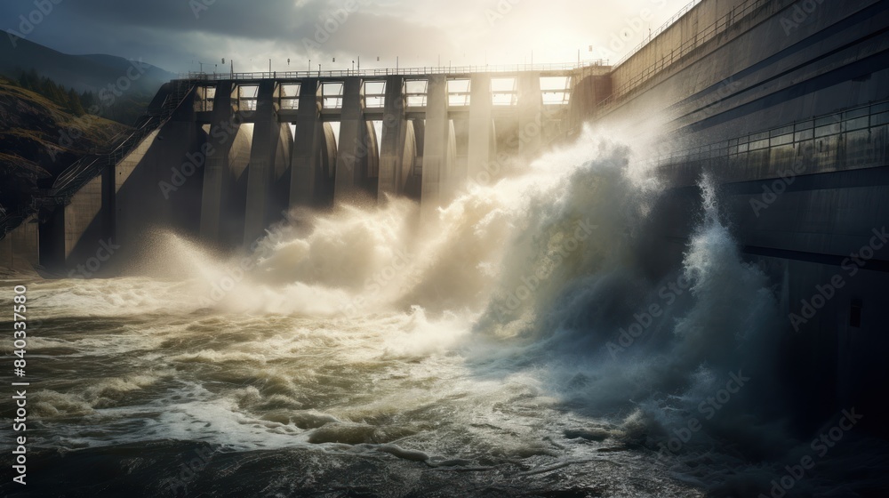 a hydroelectric dam releasing a torrent of water, its kinetic energy ...