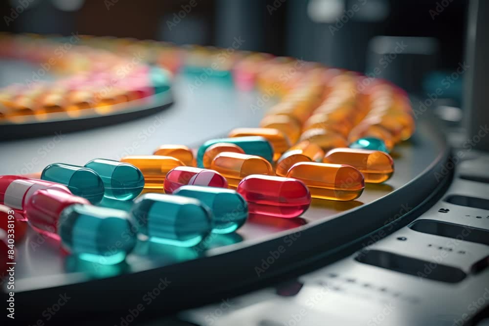 An array of blue and capsule pills is shown on a conveyor belt ...