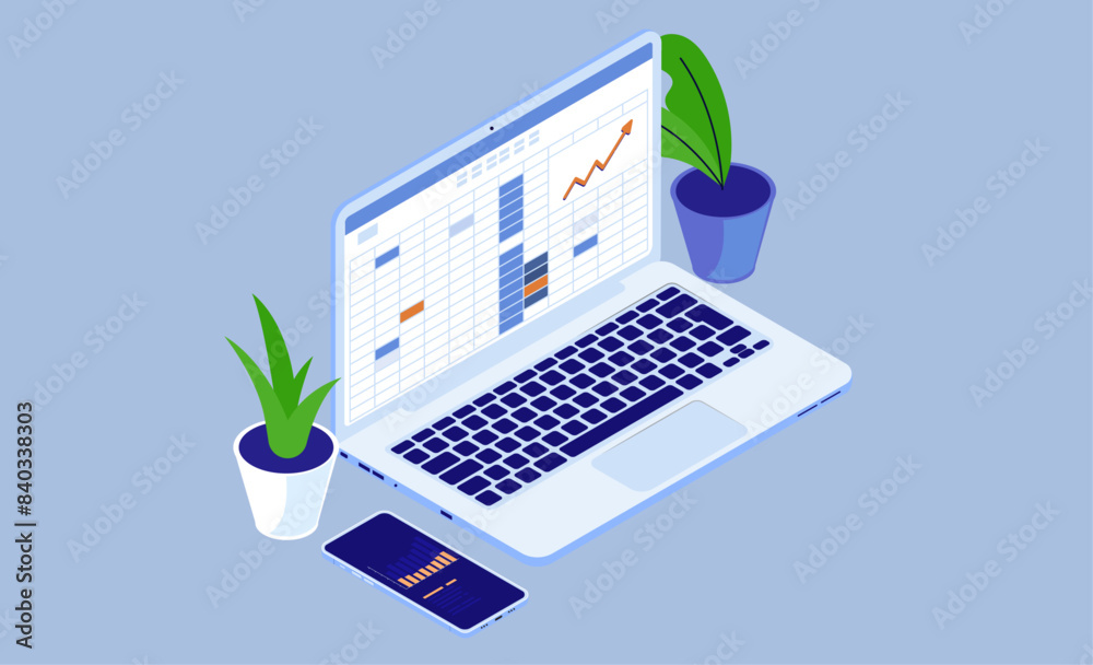 Spreadsheet on computer screen - Laptop in isometric view with ...