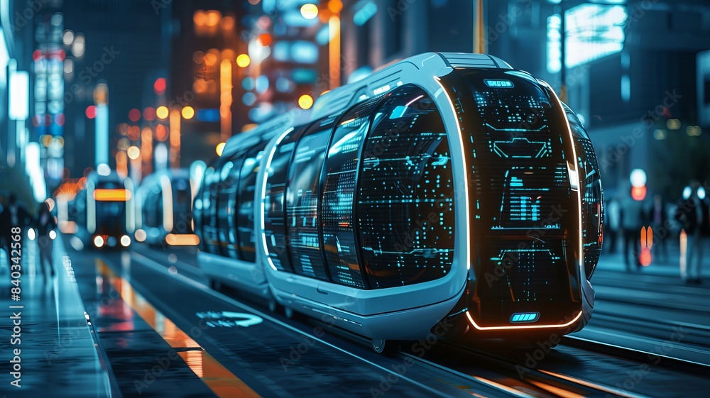 Futuristic tram in a modern city at night with vibrant lights ...