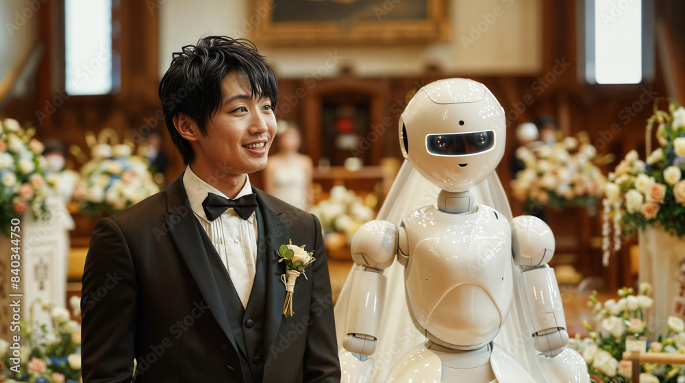 A wedding ceremony between an asian young man and a female robot bride ...