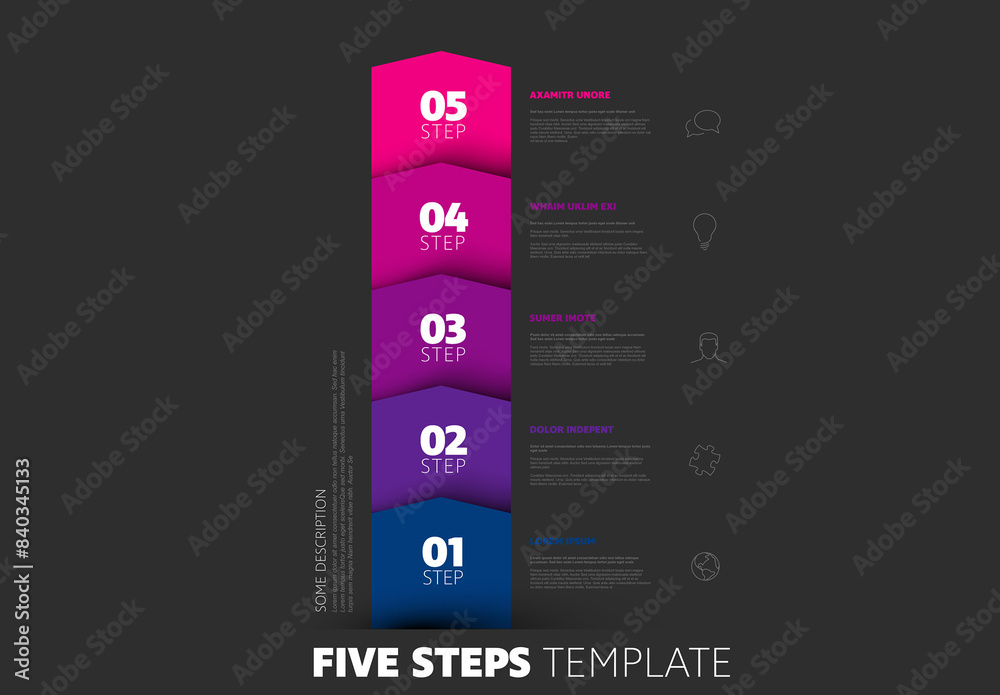 Five blue to pink progress block steps template with descriptions and ...