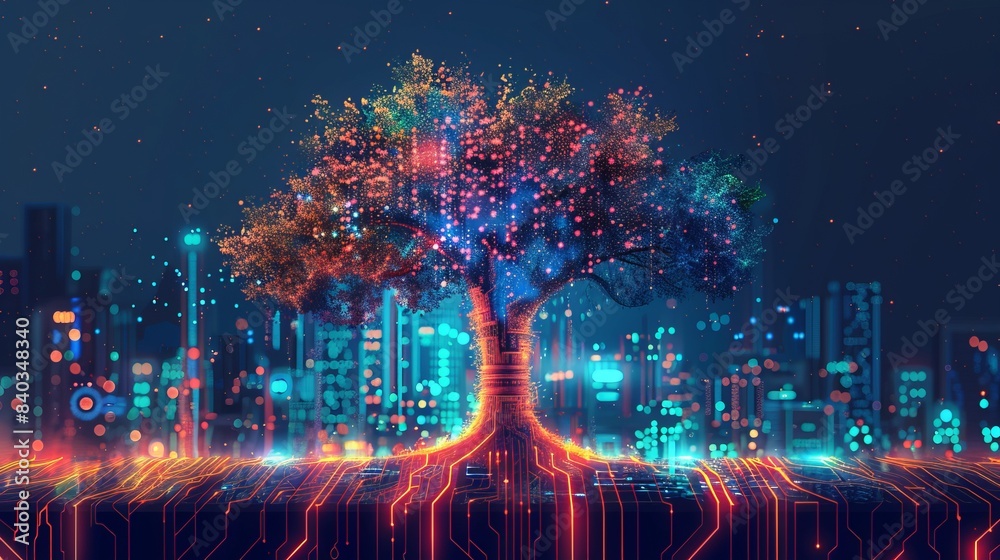 Tech Tree of Life, A stunning digital art piece depicting a vibrant ...