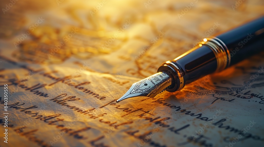 Fountain pen with a handwritten letter on vintage paper. Old fountain ...