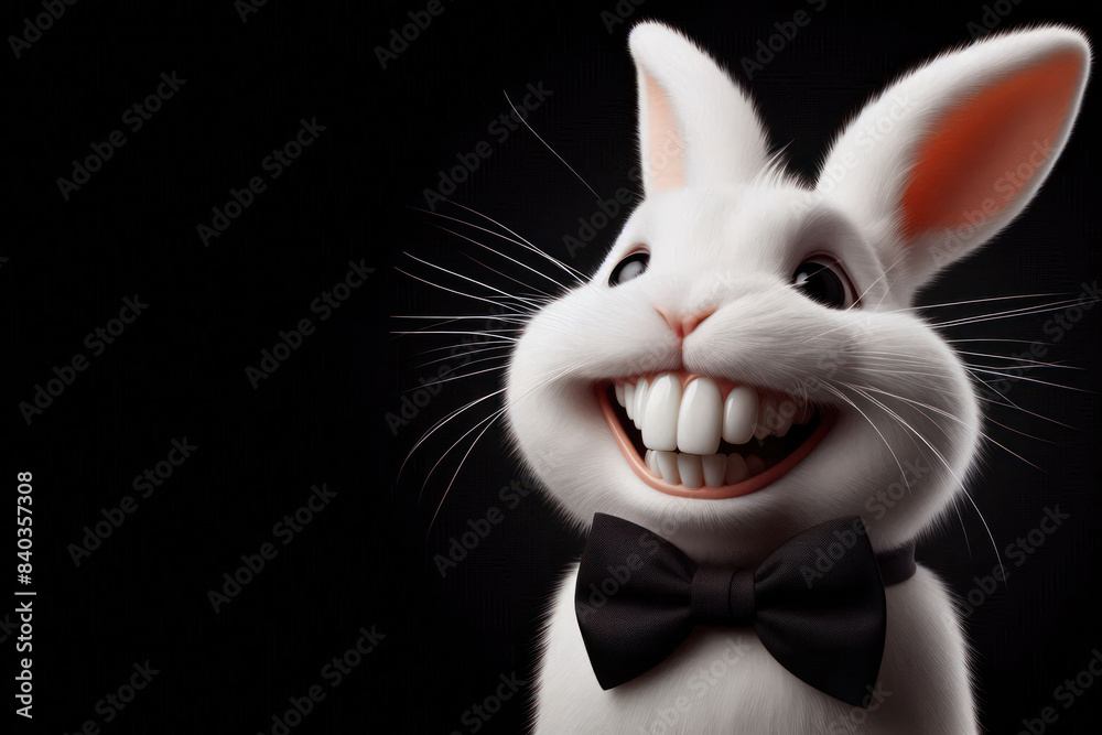 funny big teeth smiling white rabbit with a black bow tie on his neck ...