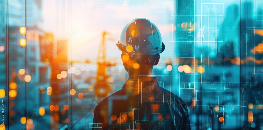 Construction engineer on scaffold close up, focus on, copy space ...