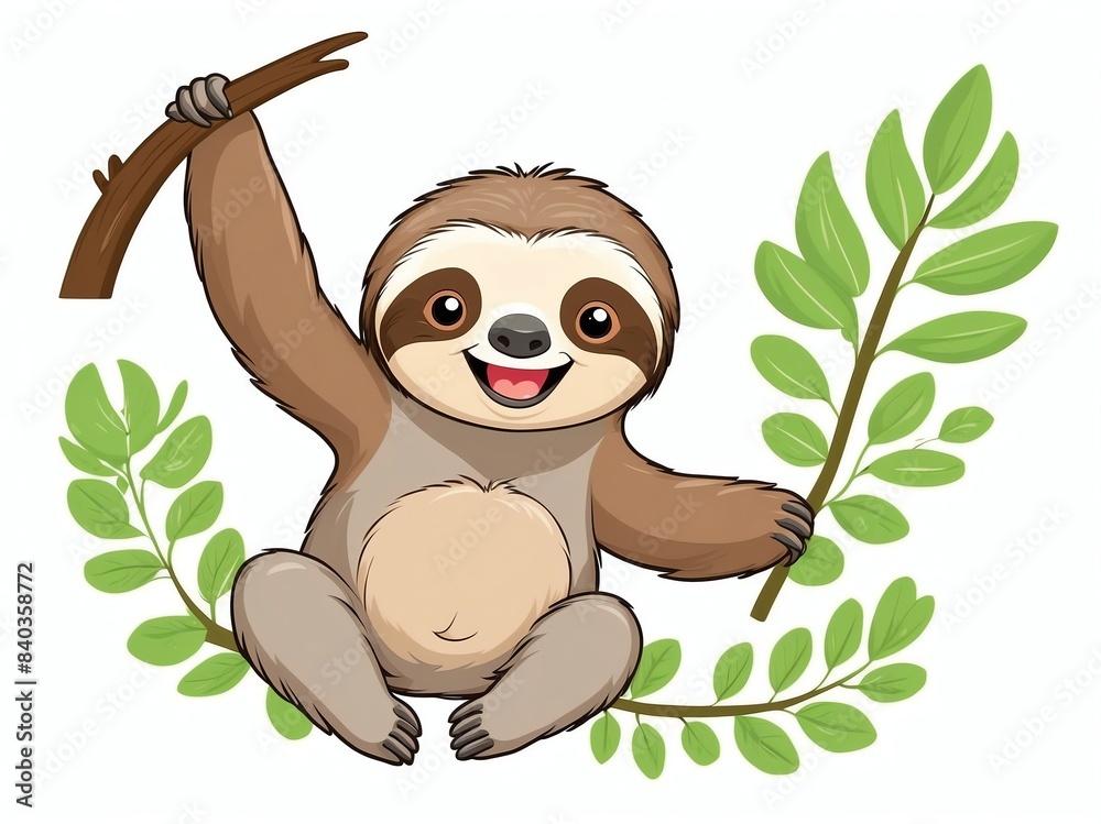 cute happy sloth cartoon clipart on plain white background Stock ...